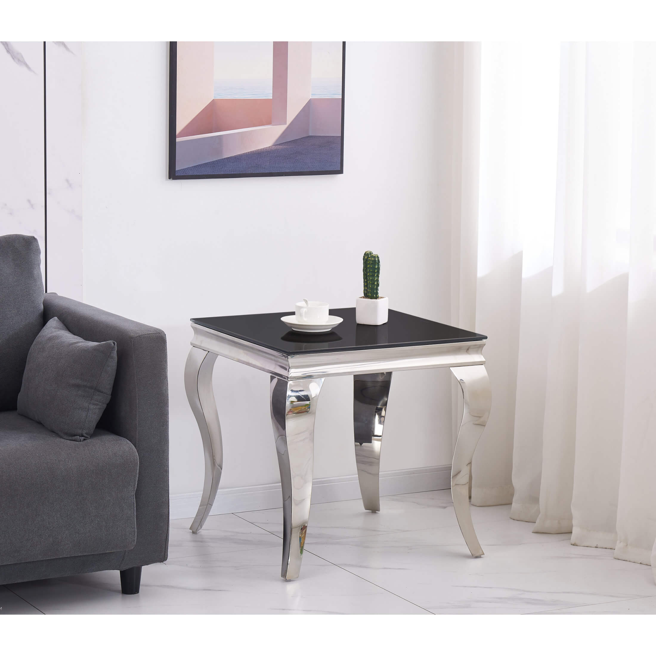 Ardmore Lamp Table Black Glass & Silver Legs - WT Home Centre