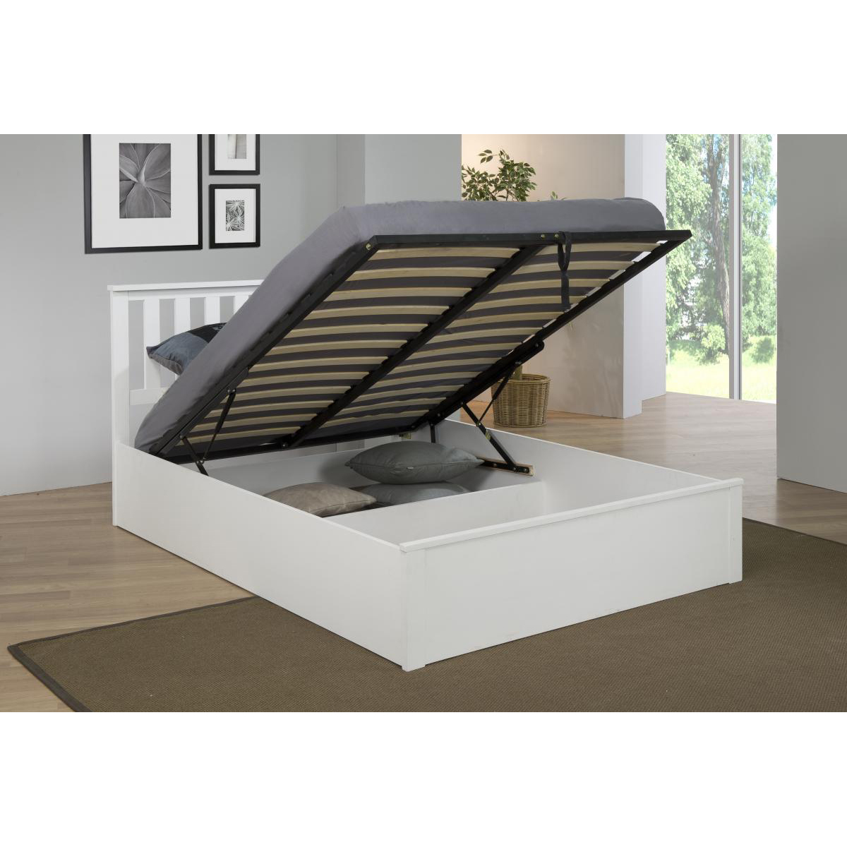 Zoe Storage Double Bed Solid Rubberwood White - WT Home Centre